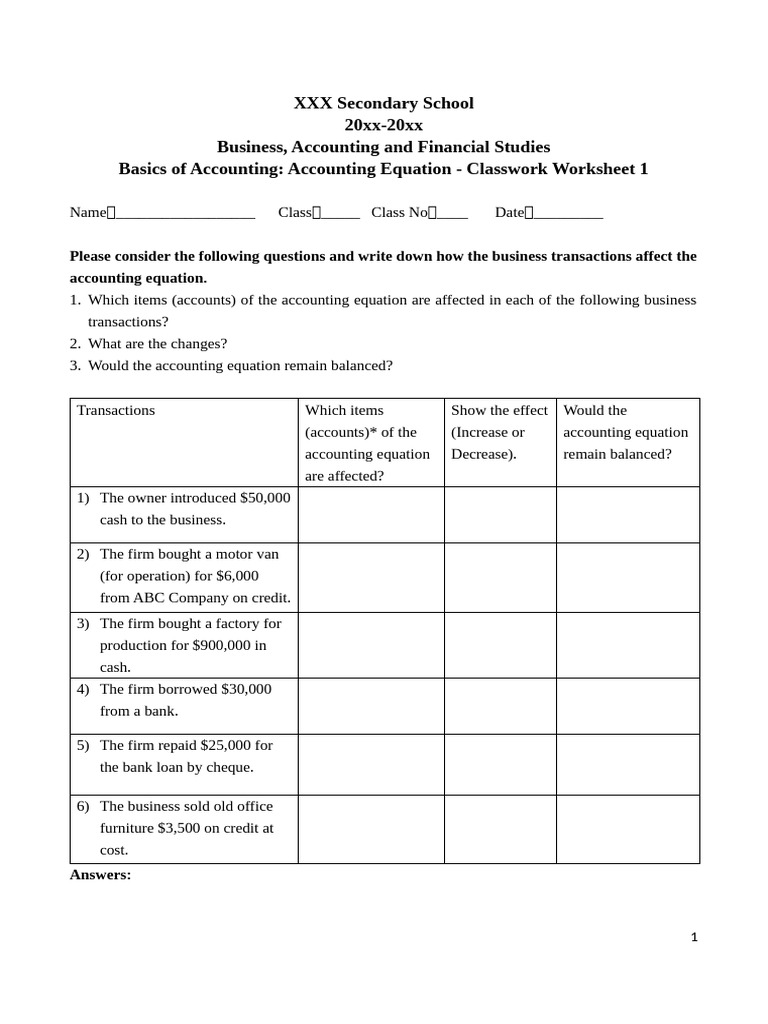 BM - Lesson 1 - Classwork With Answers | PDF | Debits And Credits | Money