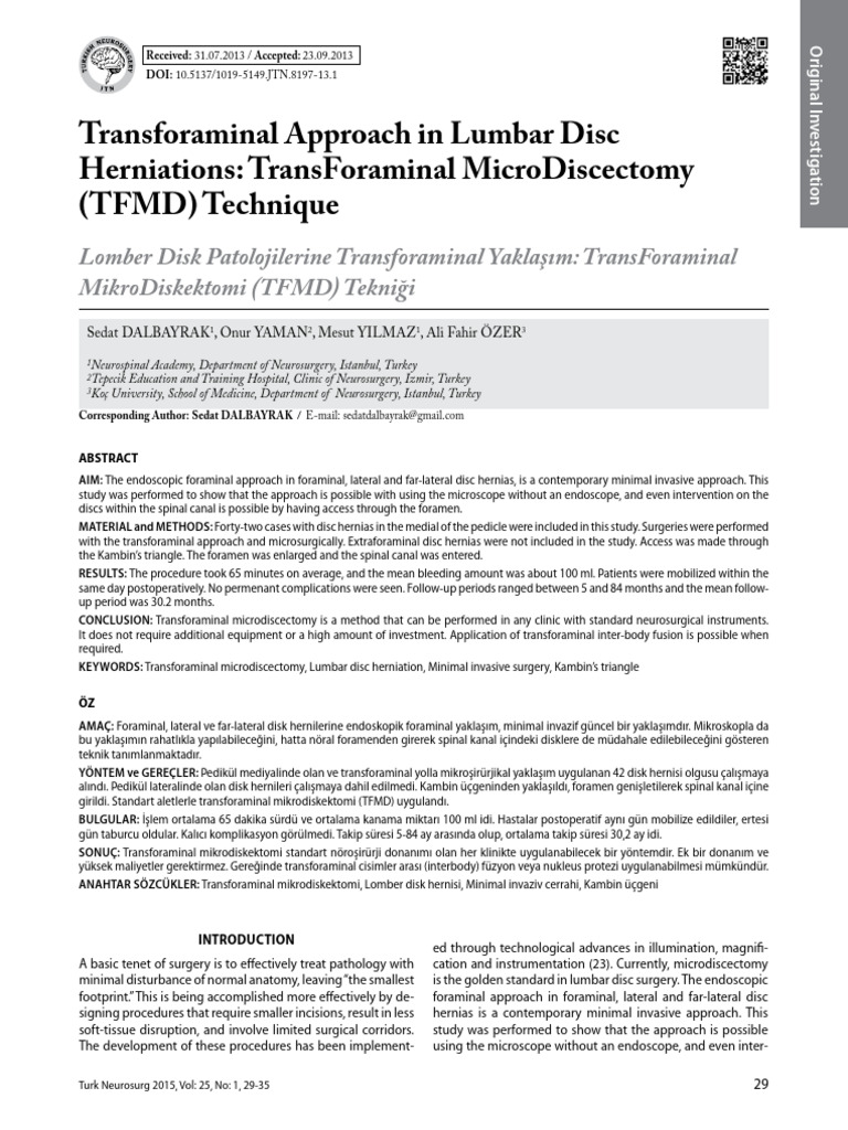 TransForaminal MicroDiscectomy (TFMD) Technique | PDF | Vertebra ...