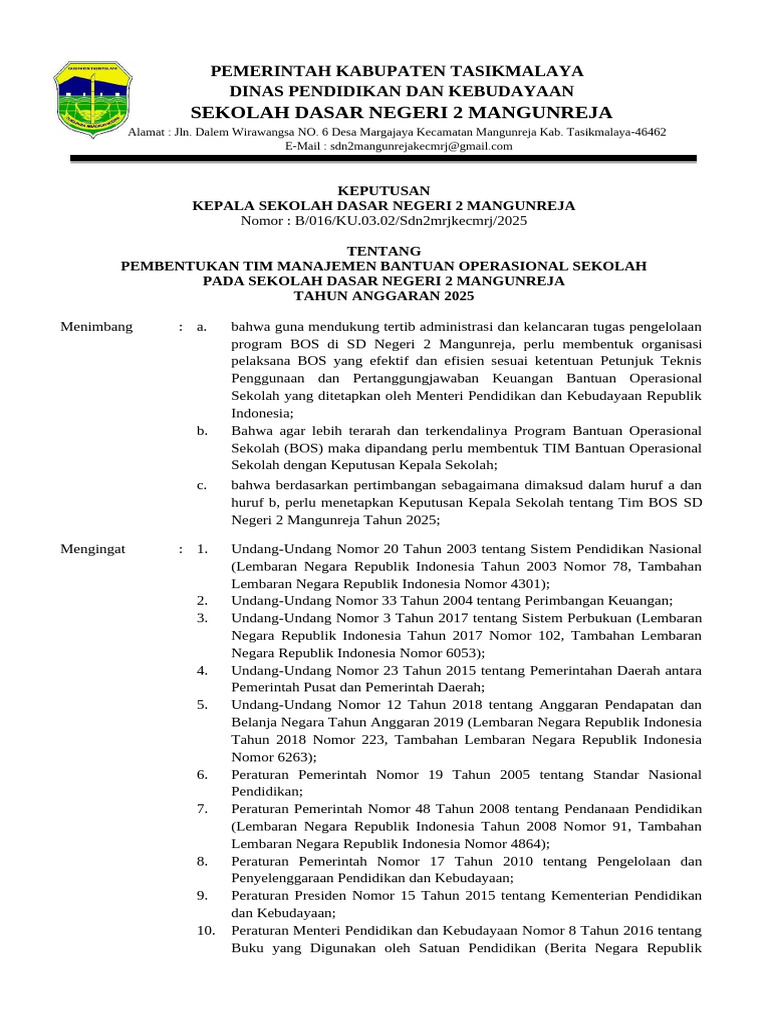 Contoh SK Tim BOS Reguler 2024 | PDF