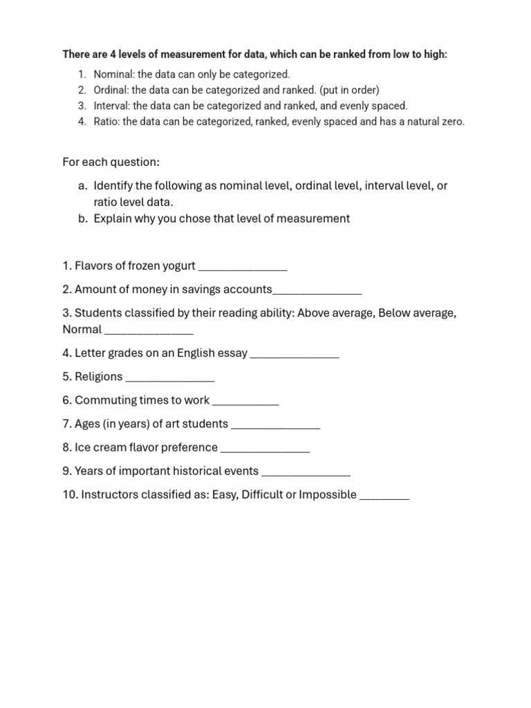 Levels of Data Measurement Explained | PDF
