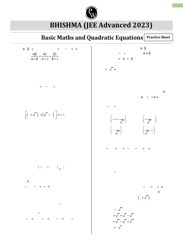 Basic Maths and Quadratic Equations - Practice Sheet - Bhishma JEE Advanced 2023 | PDF ...