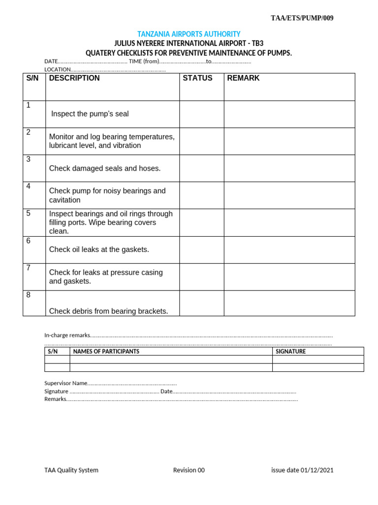 Quarterly Checklist For Pumps | PDF