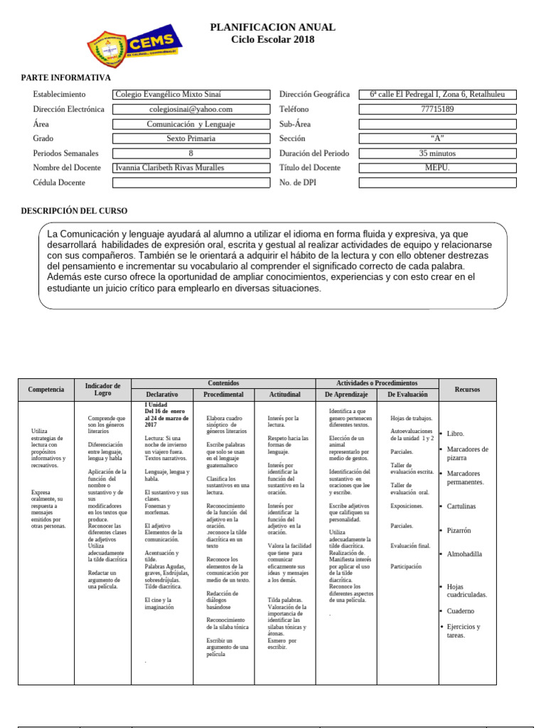 Planificacion Anual Lenguaje 2018 | PDF | Comunicación | Palabra
