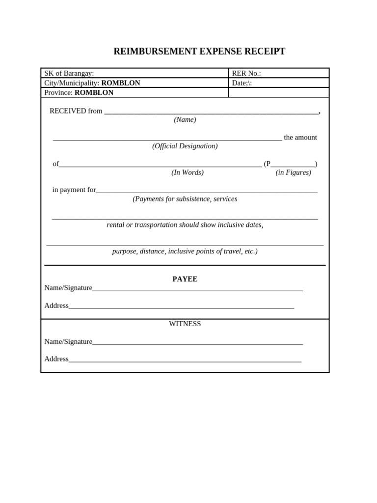 Reimbursement Expense Receipt Template | PDF