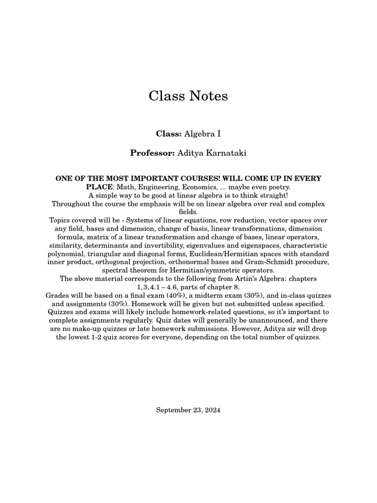 Algebra Notes | PDF | Matrix (Mathematics) | Eigenvalues And Eigenvectors