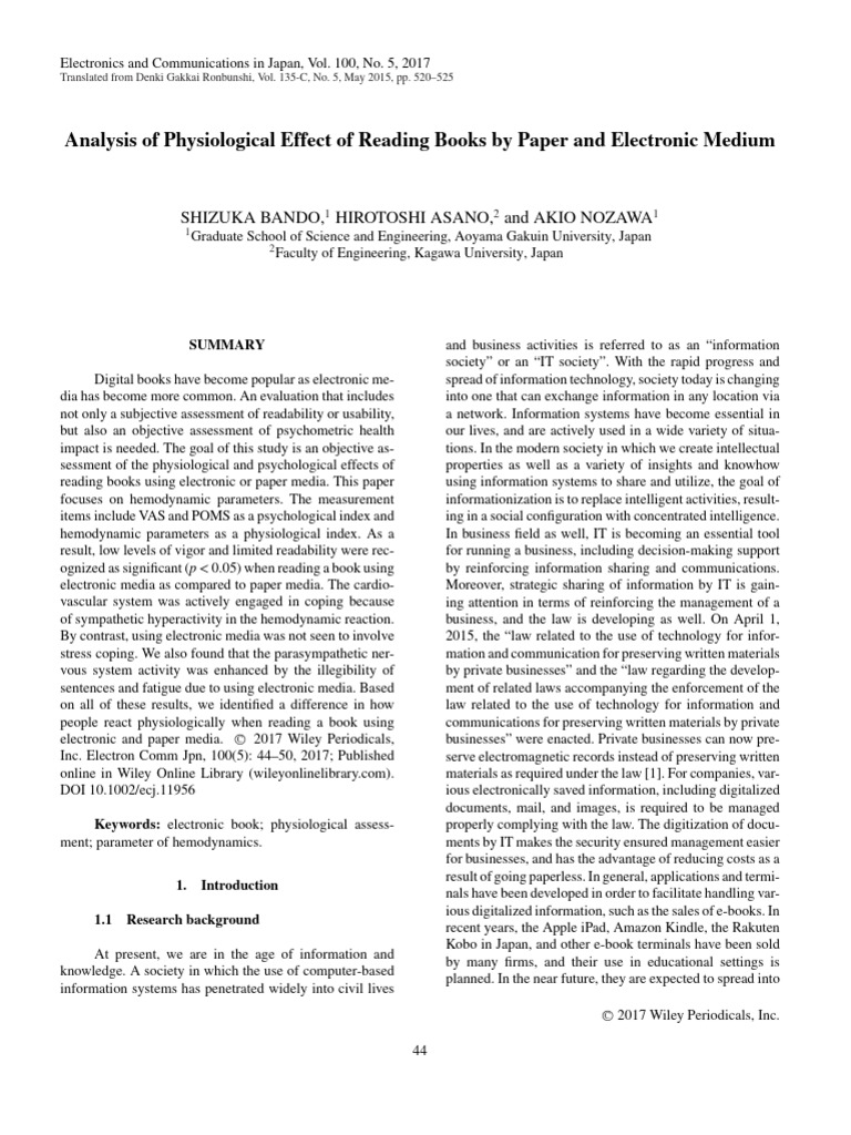 Analysis of Physiological Effect of Reading Books by Paper and ...