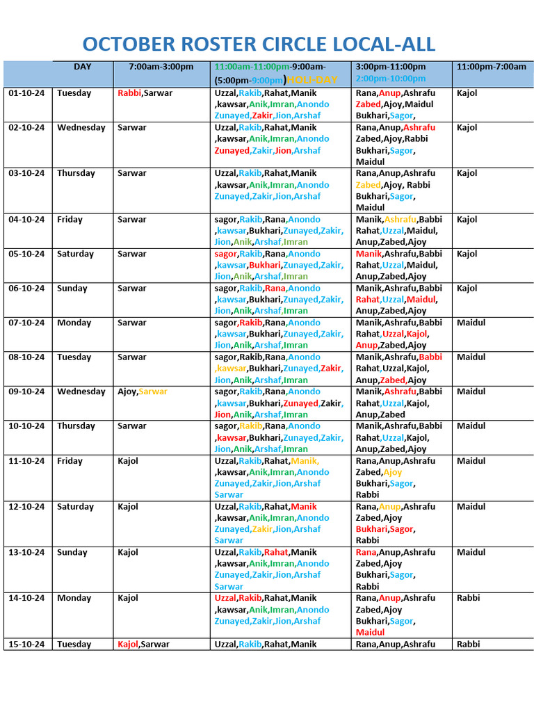 October Duty Roster for Local Circle | PDF