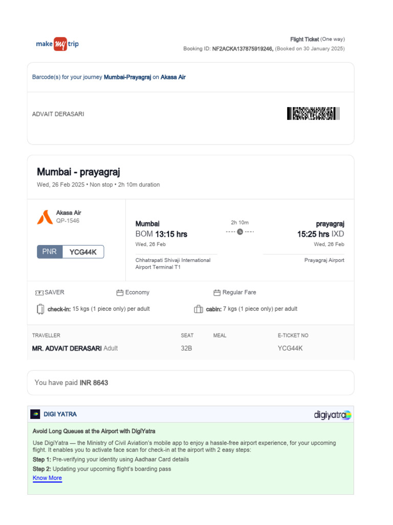 NF2ACKA137875919246 Eticket Prayagraj Flight | PDF | Airport | Aviation