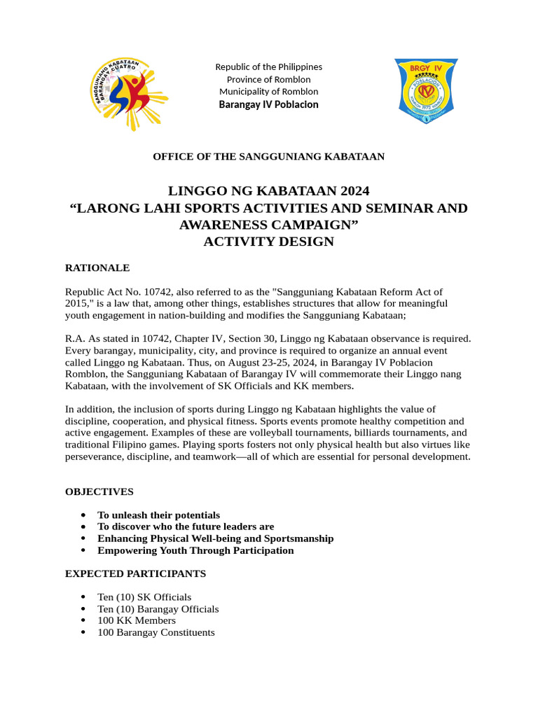 Activity Design Linggo NG Kabataan 2024 | PDF