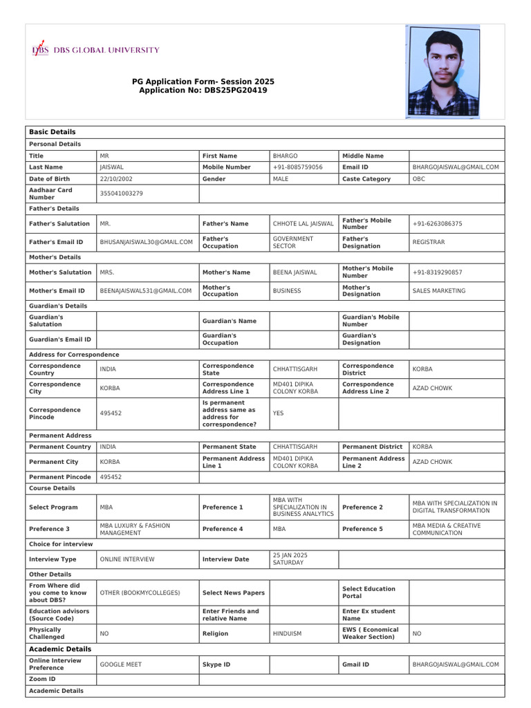 PG Application Form for MBA 2025 | PDF | Qualifications