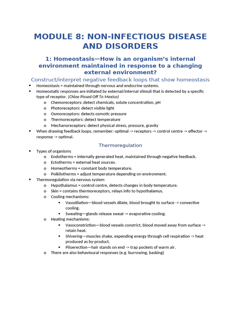 2019 BIO Module 8 Non Infectious Disease Disorders Notes Chloe McMillan ...