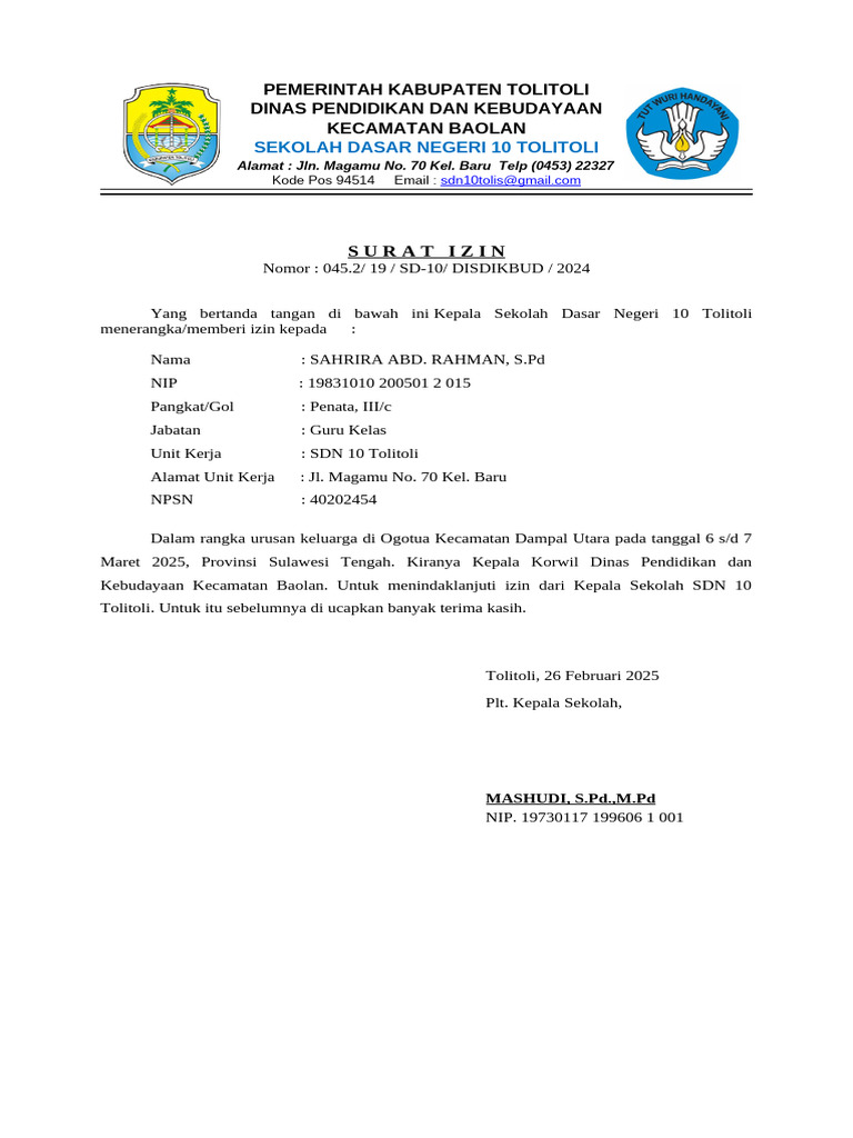 Izin Cuti Guru SDN 10 Tolitoli | PDF
