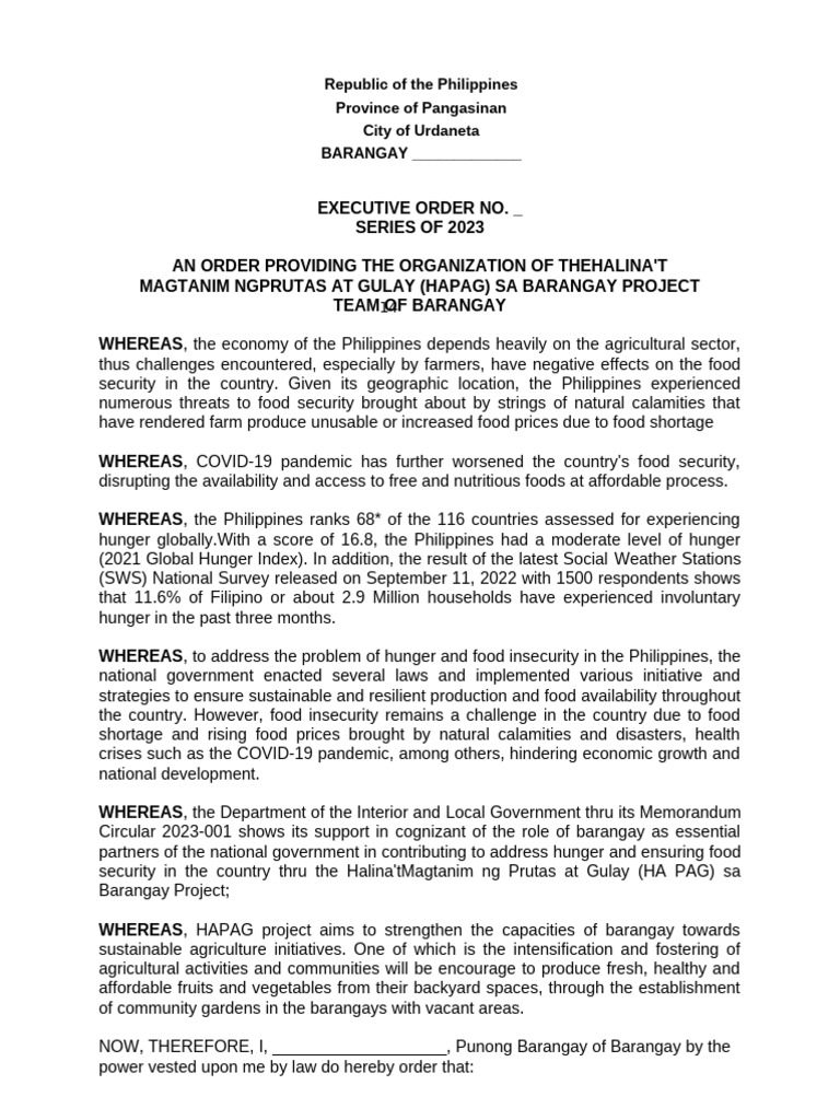 Urdaneta Barangay HAPAG Project Order | PDF | Food Security | Hunger