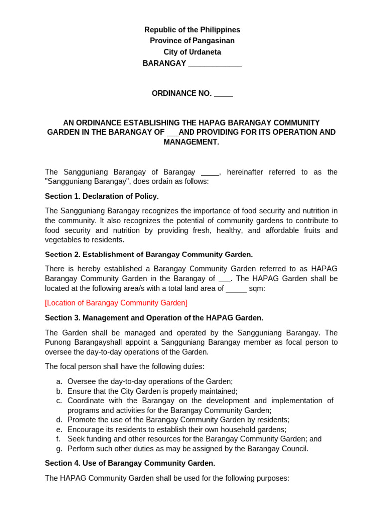 Sample Brgy Ordinance On HAPAG | PDF