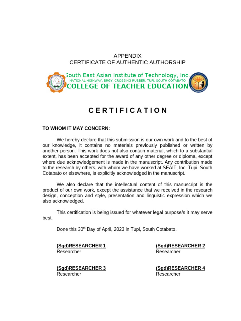 Certificate of Authorship Declaration | PDF