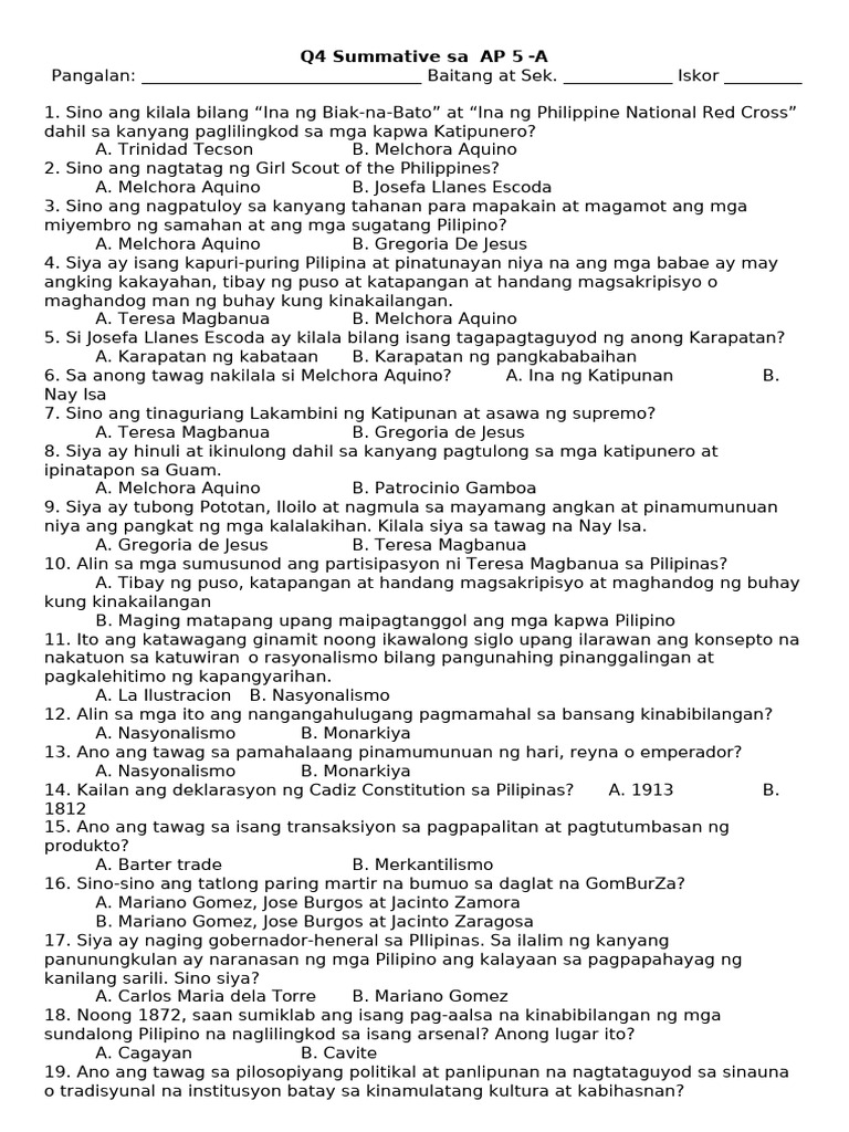 AP5 Q4 SUMMATIVE A at B | PDF
