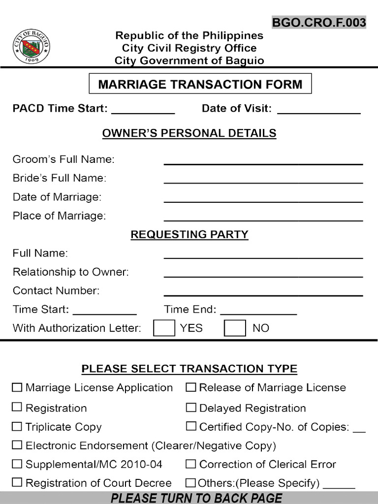 Marriage Transaction Form | PDF