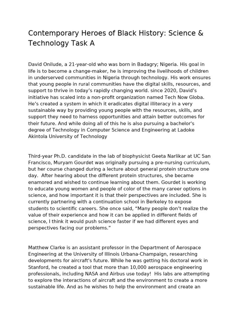 Contemporary Heroes of Black History Science & Technology Task A | PDF