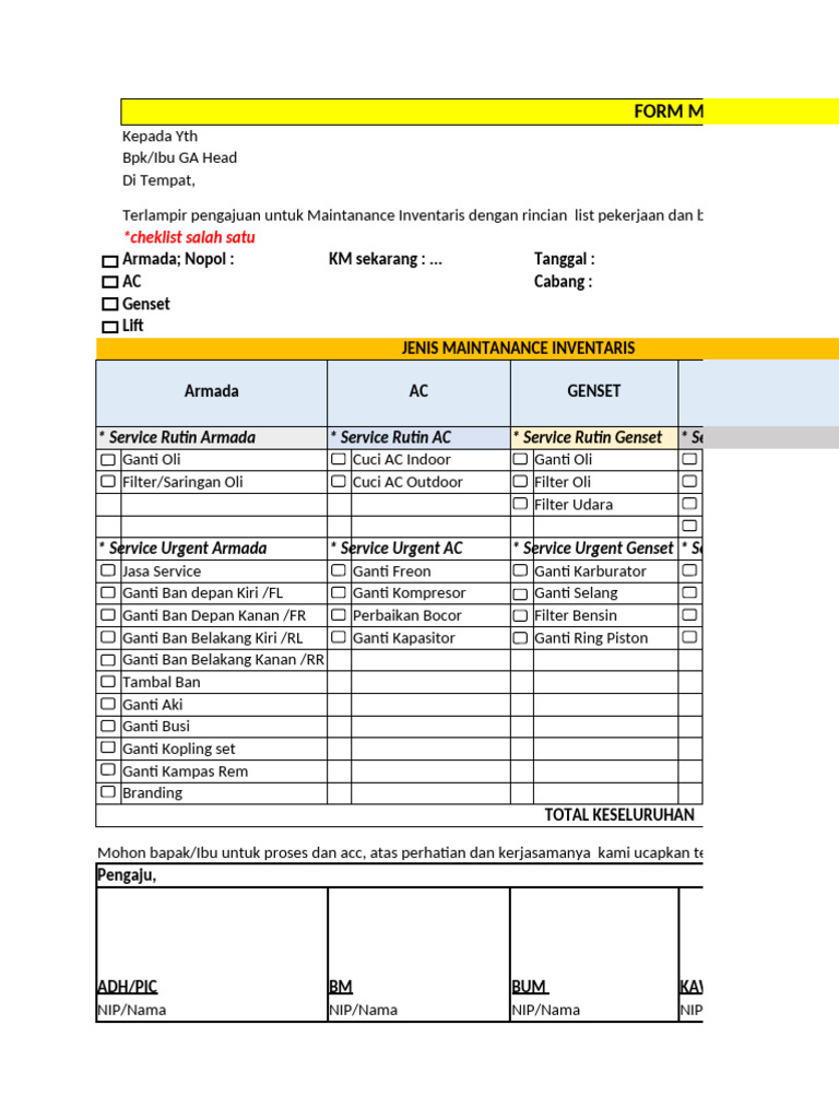 1 - Ga - Form Permintaan, Maintenance Inventaris, Reklame, PBB, STNK, Kir | PDF