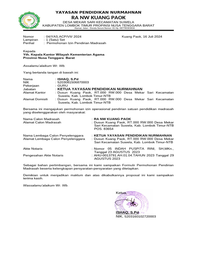 (Surat Permohonan) PM-01 Proposal Pendirian | PDF