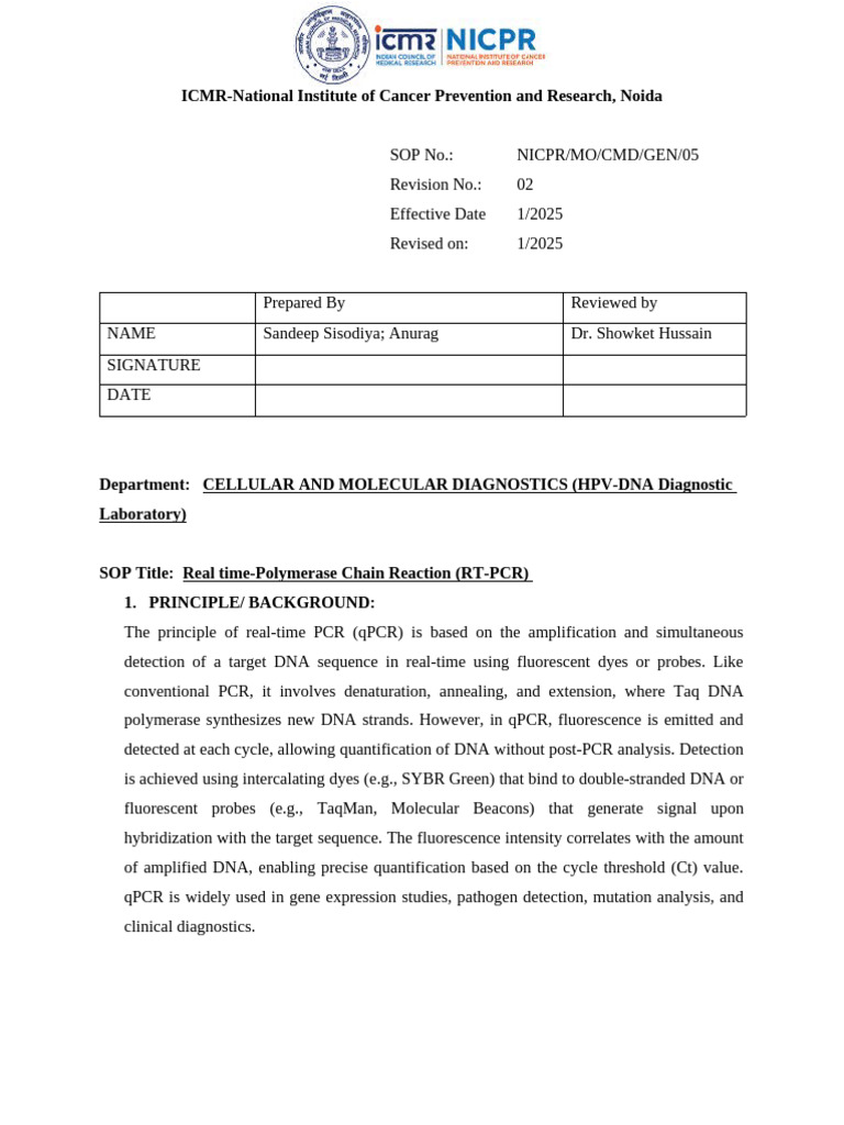 SOP For Real Time PCR | PDF | Real Time Polymerase Chain Reaction ...
