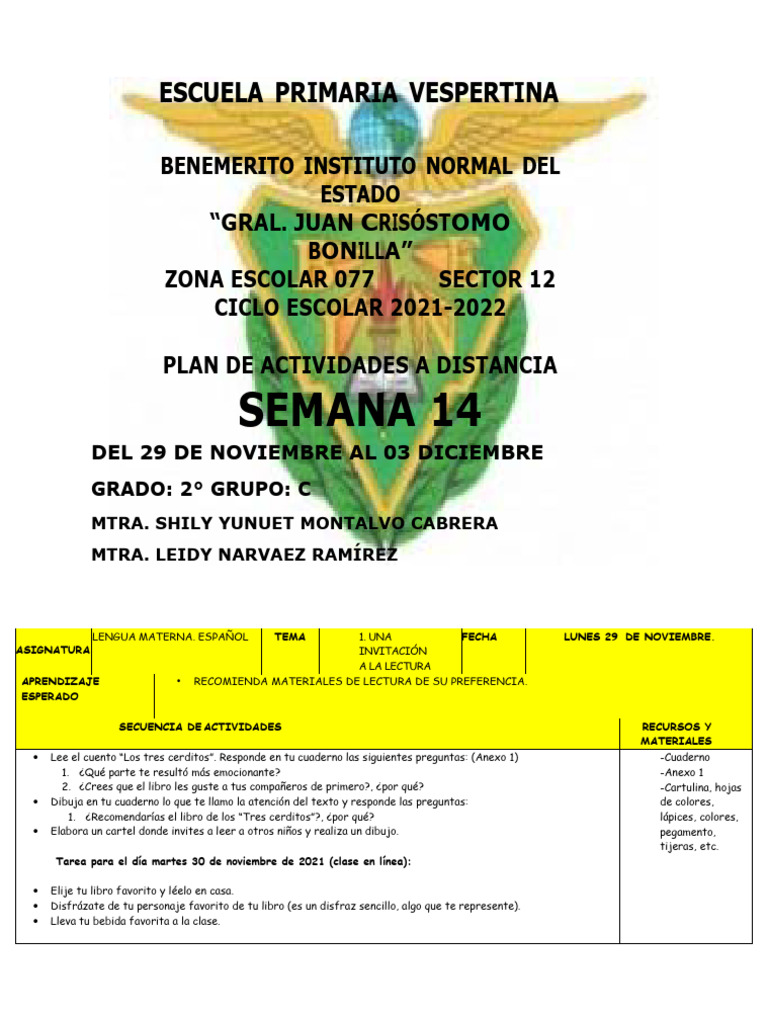 Actividades a Distancia 2° Grado C | PDF