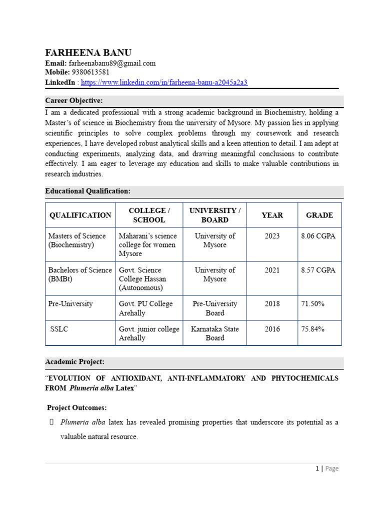 Farheena Banu Resume-1 | PDF | Chromatography | Ultraviolet–Visible Spectroscopy
