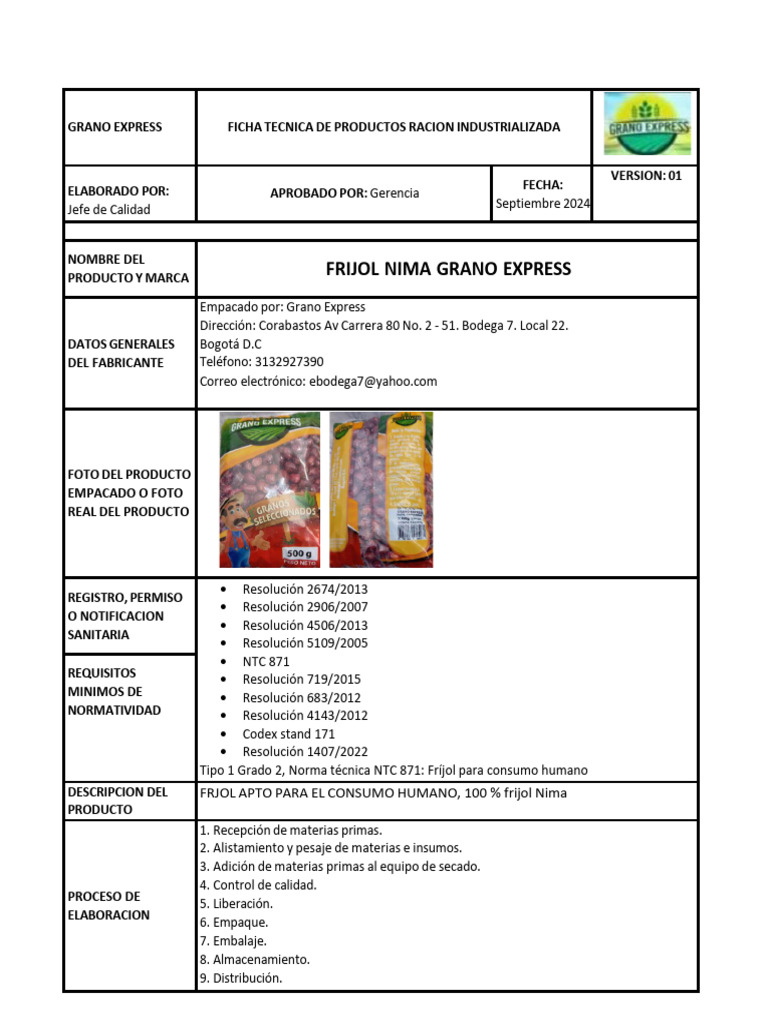 FT Frijol Nima - Granoexpress | PDF