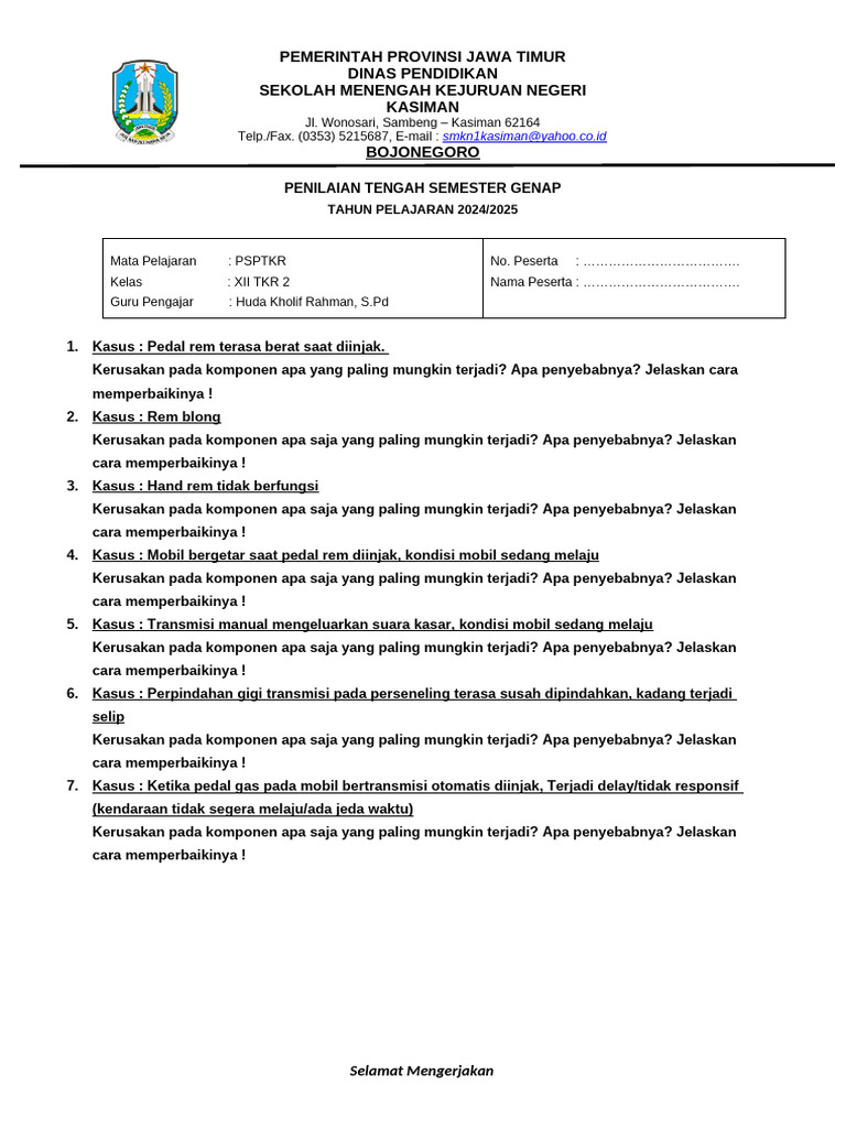 soal pts sasis 12 tkr 2 | PDF