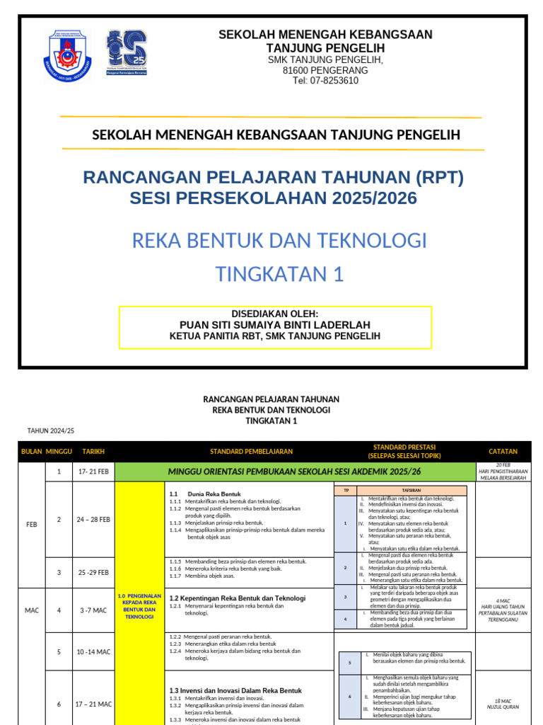 RPT RBT Tingkatan 1 2025/26 | PDF