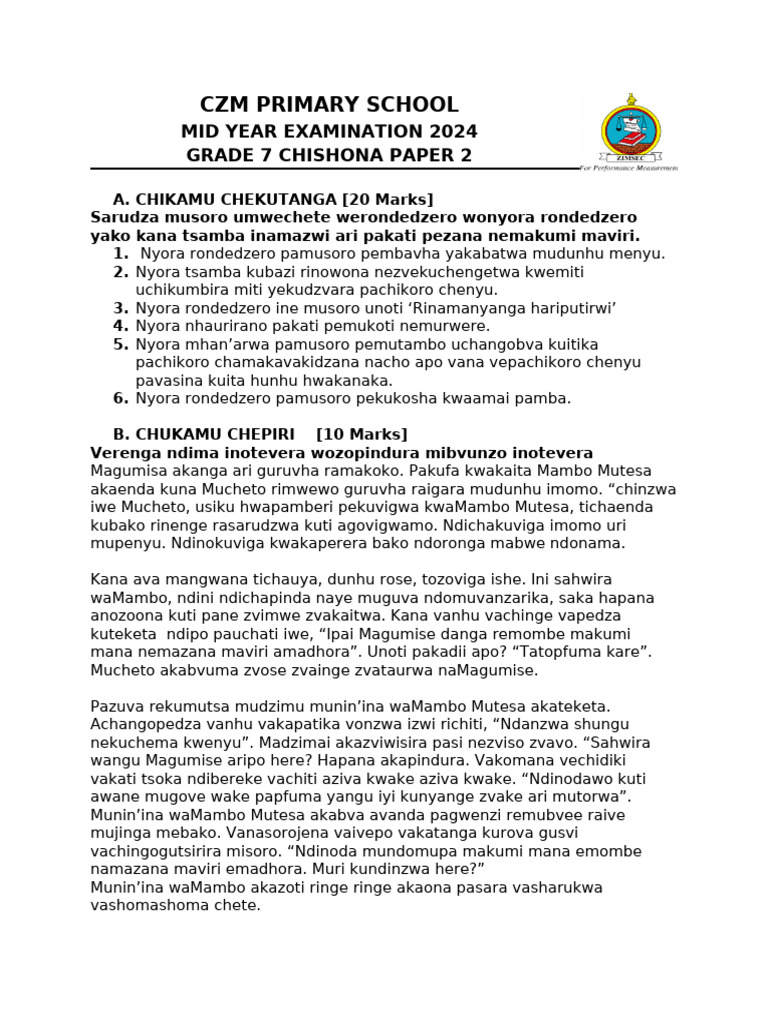 CZM Primary School Grade7 Shona 2024 Midyear | PDF
