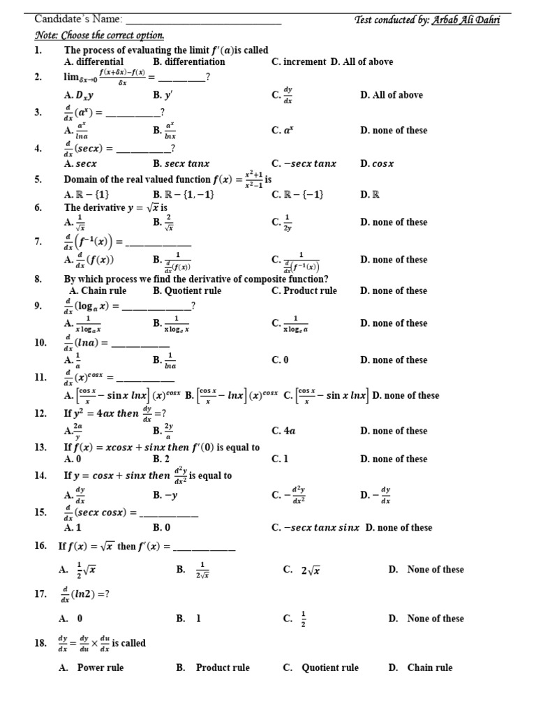 Calculus Derivative Practice Questions | PDF | Derivative | Functions And Mappings