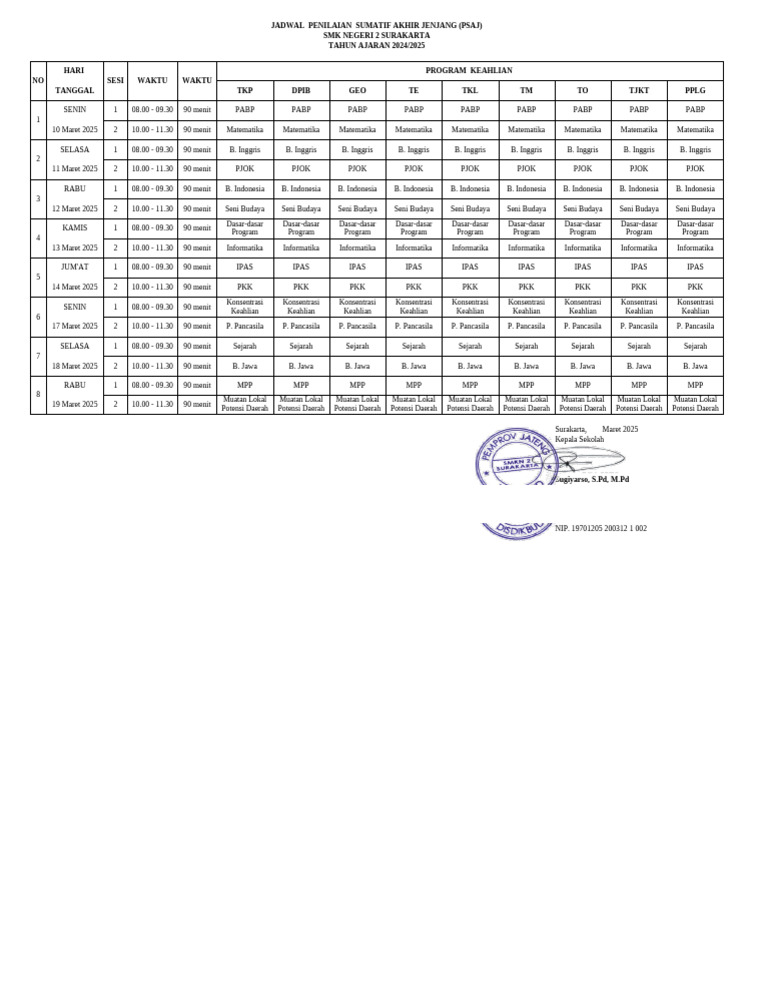 Jadwal Psaj Tahun 2024-2025 | PDF