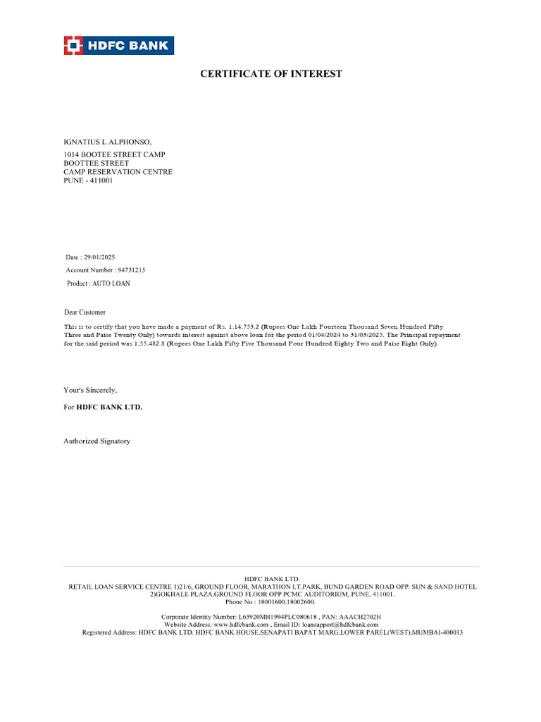 Interest Certificate for Loan Payment | PDF