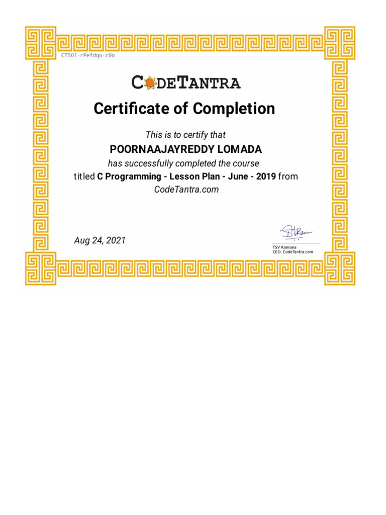 CodeTantra C Programming Certificate | PDF