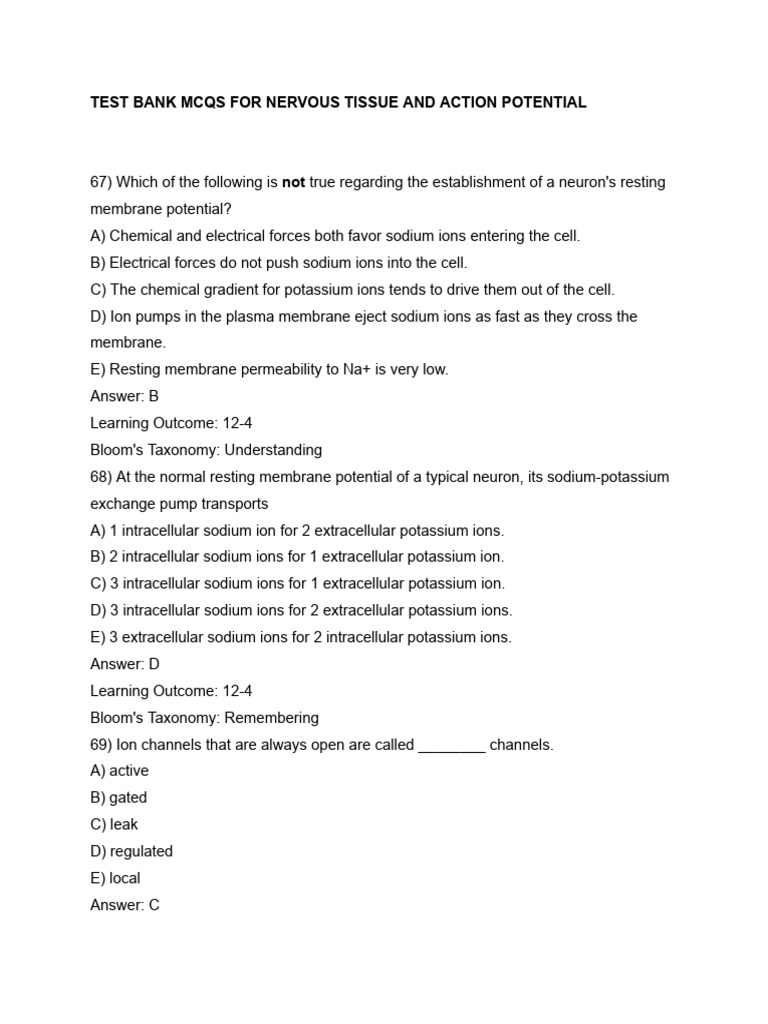 Test Bank MCQS For Nervous Tissue and Action Potential | PDF | Chemical ...