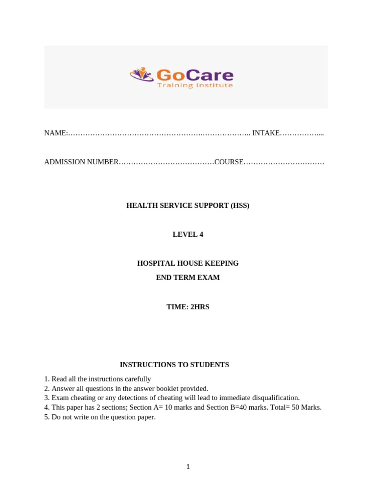 Hospital Housekeeping Exam Paper | PDF | Housekeeping | Hygiene