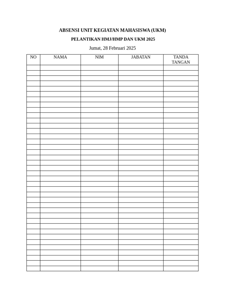 Absensi Unit Kegiatan Mahasiswa (Ukm) Pelantikan HMJ-HMP Dan Ukm 2025 | PDF