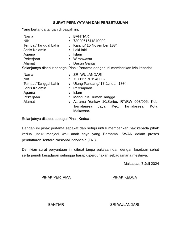 Sri Wulandari-Surat Pernyataan Perwalian TNI | PDF