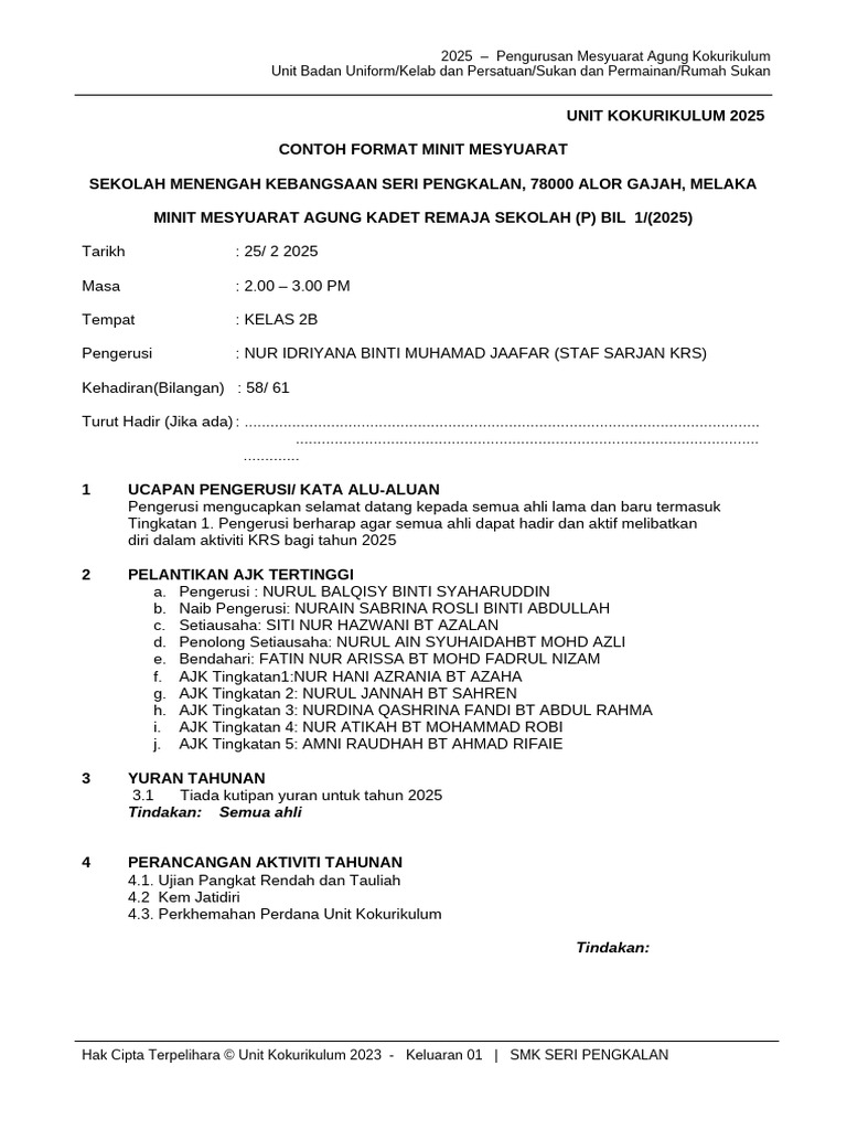 Borang Format Mesyuarat Agung Kokurikulum SMKSP - KRS | PDF
