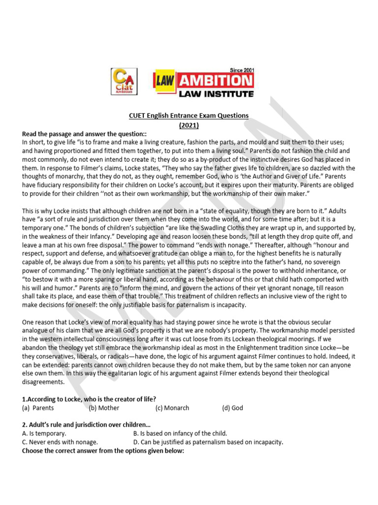 CUET English Entrance Exam Questions | PDF | Positivism | Jurisprudence