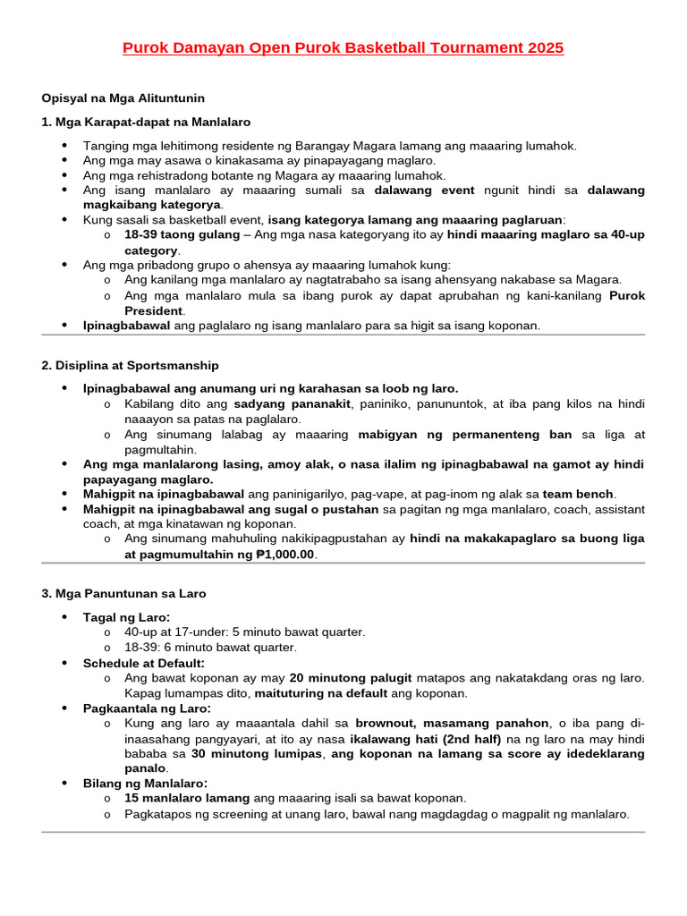 Purok Damayan Open Purok Basketball Tournament 2025 | PDF