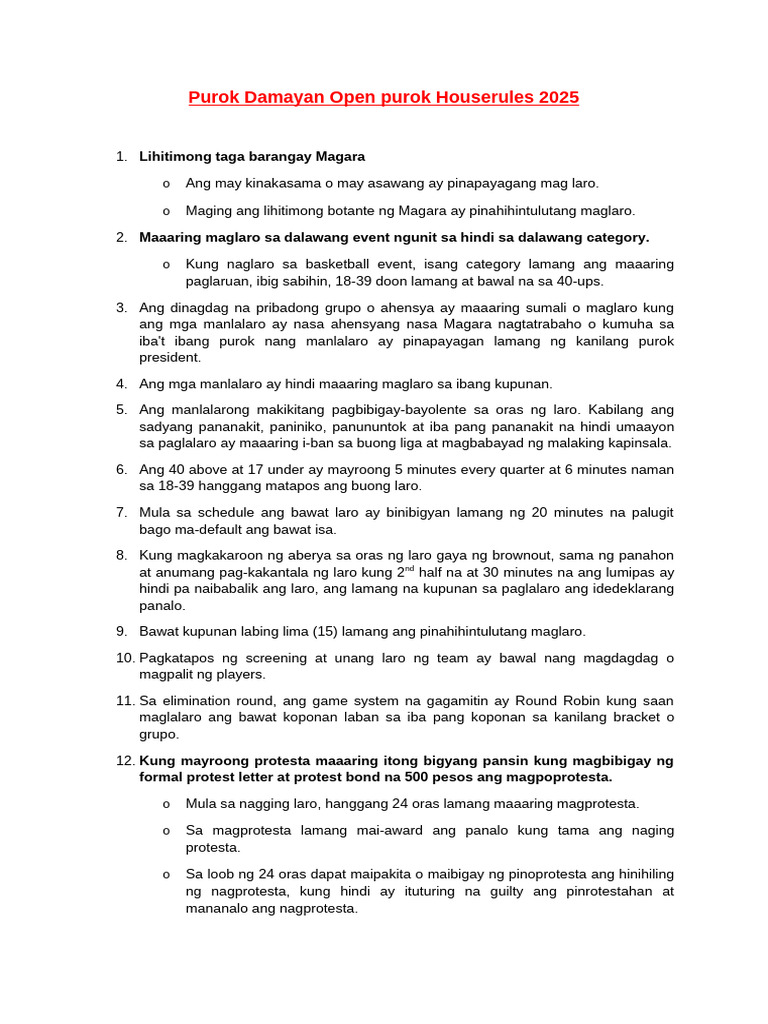Purok Damayan Open purok Houserules 2025 | PDF