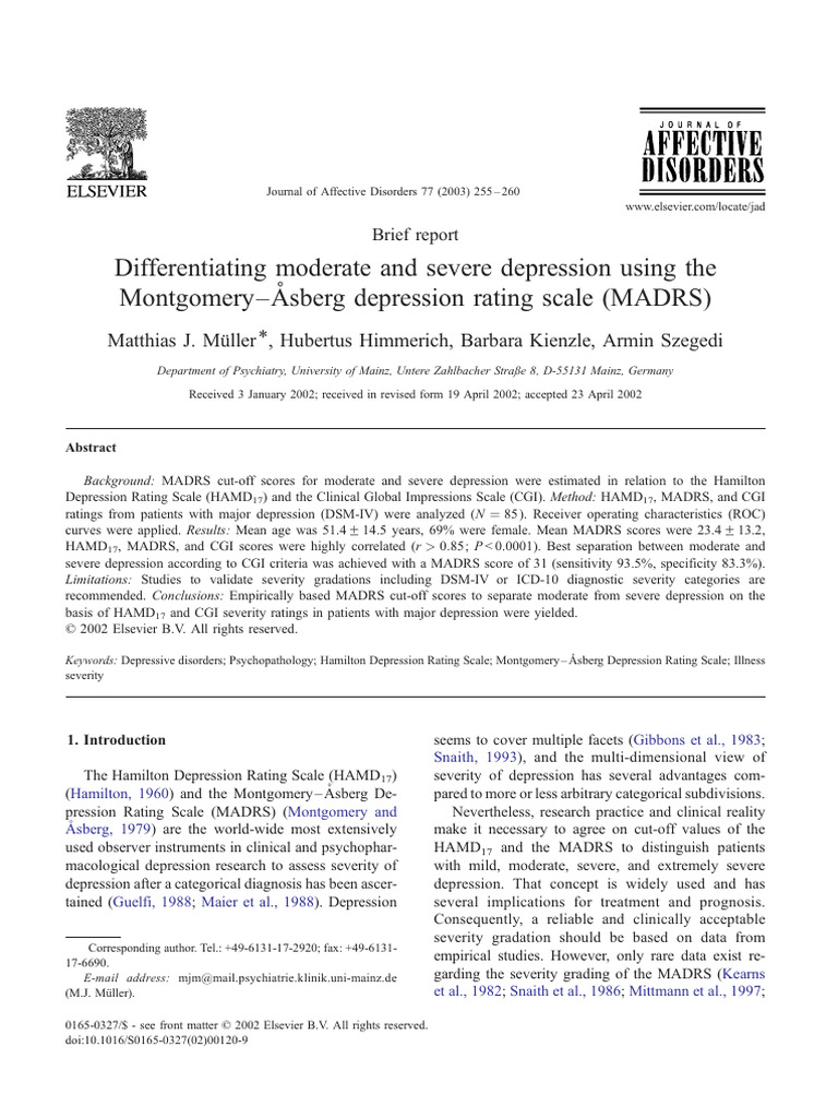 MADRS Cut-off for Depression Severity | PDF | Diagnostic And ...