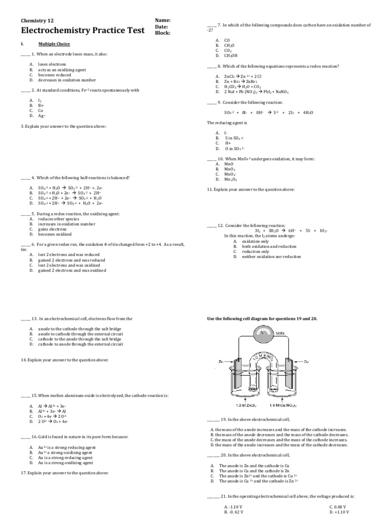 Electrochemistry Practice Test | PDF | Redox | Electrochemistry
