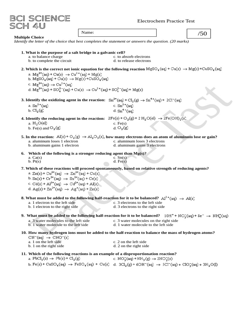 Electrochem Practice Test | PDF | Redox | Anode