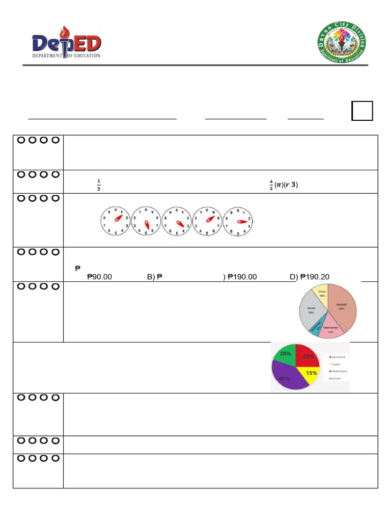 Quarterly Test - Q4 Mathematics 6 | PDF | Length | Sphere
