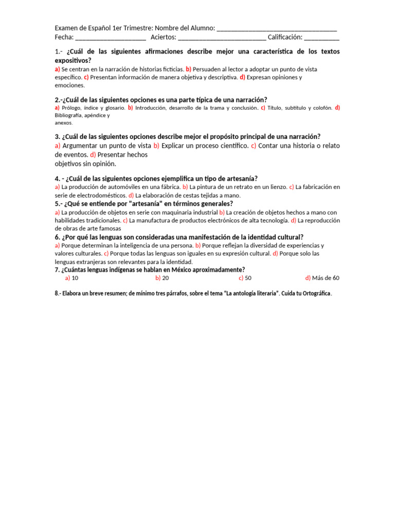 Examen de Español: Textos y Artesanía | PDF