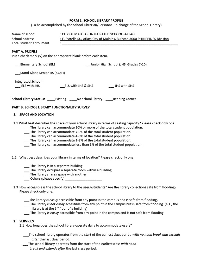 School Library Profile and Survey Form | PDF | Libraries | School Library