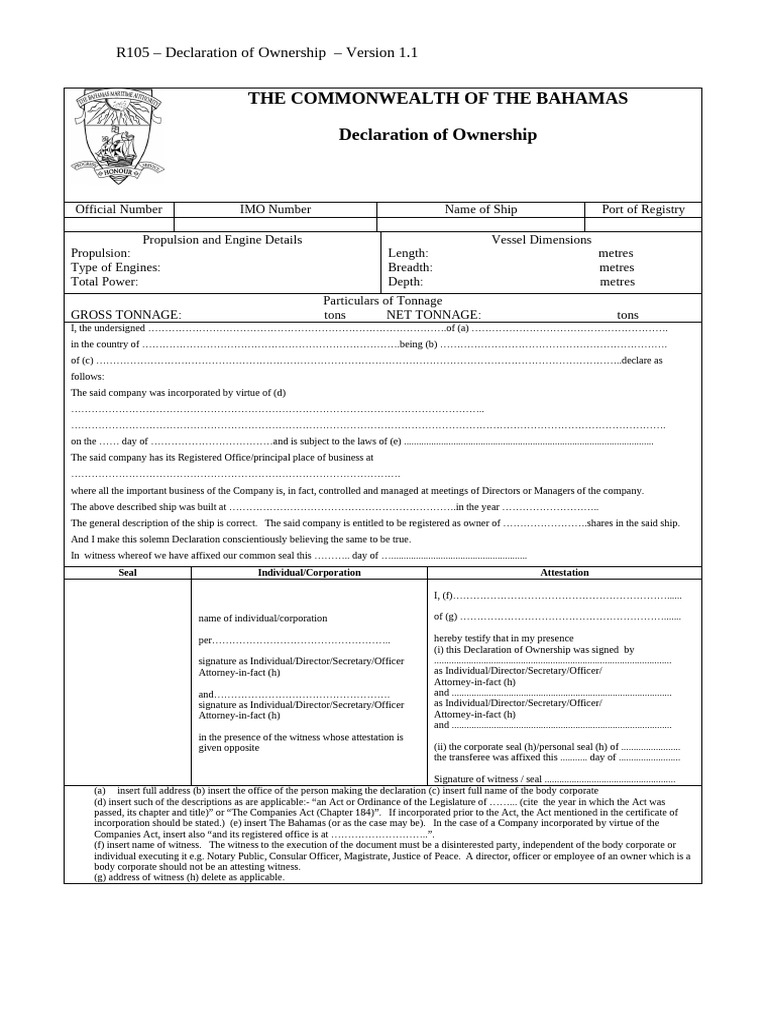 Form R105 Declaration of Ownership | PDF | Tonnage | Justice Of The Peace